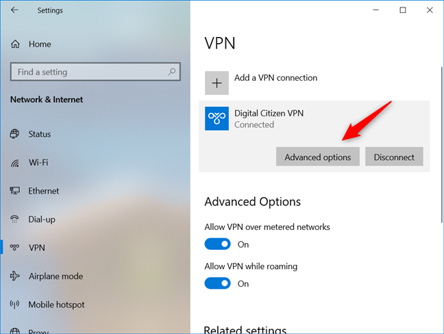 在 Windows 10 中打开 VPN 的高级选项